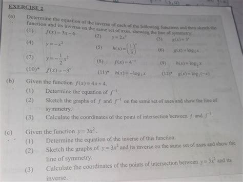 Exercise 2 A Determine The Equation Of The Inverse Of Each Of The Follo