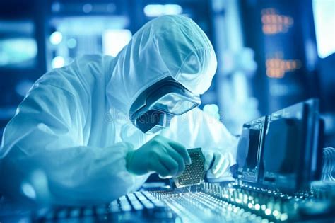 Scientist In Coveralls Working On A Processor Chip In A Laboratory
