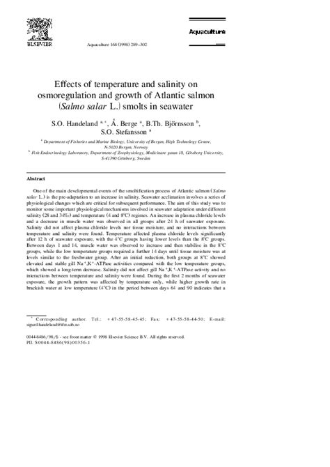 Pdf Effects Of Temperature And Salinity On Osmoregulation And Growth Of Atlantic Salmon Salmo