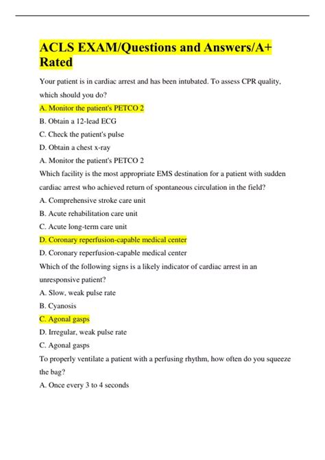 ACLS EXAM Questions And Answers A Rated Acls Stuvia US