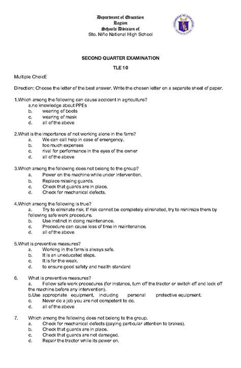 Mapeh 9 Second Quarter Exam Tle Department Of Education Region