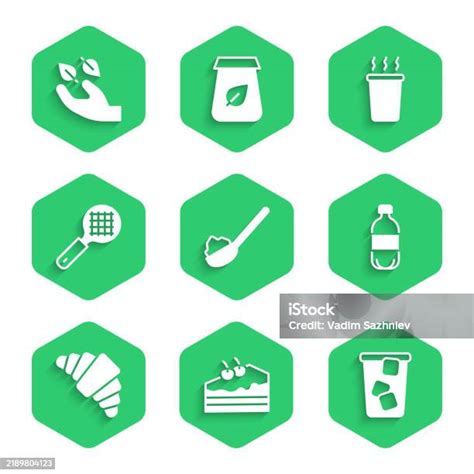 설탕 케이크 조각 아이스 티 생수 크로와상 차 여과기 손잡이 컵과 잎 아이콘이 담긴 숟가락 세트 벡터 각얼음에 대한 스톡 벡터 아트 및 기타 이미지 Istock