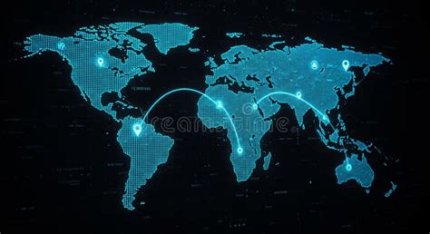 digital map displaying a world map in neon blue on a dark background