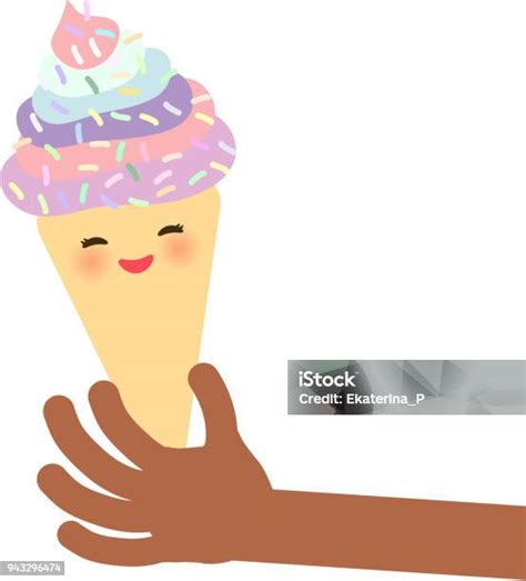 당신의 텍스트 아이스크림 카드 디자인에 대 한 서식 파일 배너 와플 콘 귀여운 분홍색 뺨과 윙크 눈 흰색 바탕에 파스텔 색상으로 재미 있는 총구 벡터 감정에 대한 스톡 벡터