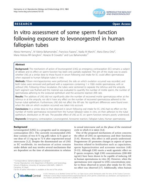 PDF In Vitro Assessment Of Some Sperm Function Following Exposure To Levonorgestrel In Human