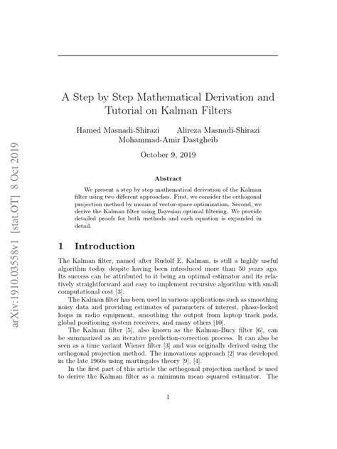 A Step By Step Mathematical Derivation A Pdf Kalman Filter Linear
