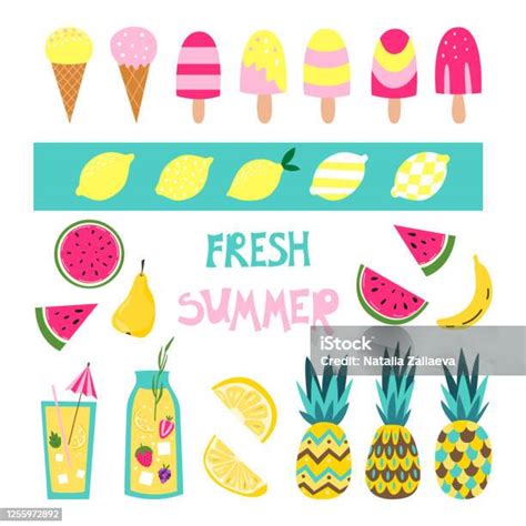 화려한 벡터 클립 아트의 신선한 여름 믹스 아이스크림 레몬 레모네이드 수박 파인애플 바나나 배 손으로 그린 글자 평평한 과일 흰색 배경에서 격리된 벡터 그림입니다 0명에