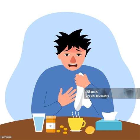 독감으로 고통받는 아픈 사람이 테이블에 약 티슈 페이퍼 물 레몬을 가지고 앉아 있습니다 그는 손수건으로 재채기를하고 열이 있습니다 A형 인플루엔자 바이러스에 대한 스톡 벡터