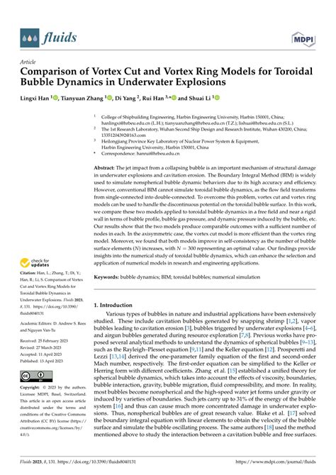 Pdf Comparison Of Vortex Cut And Vortex Ring Models For Toroidal Bubble Dynamics In Underwater