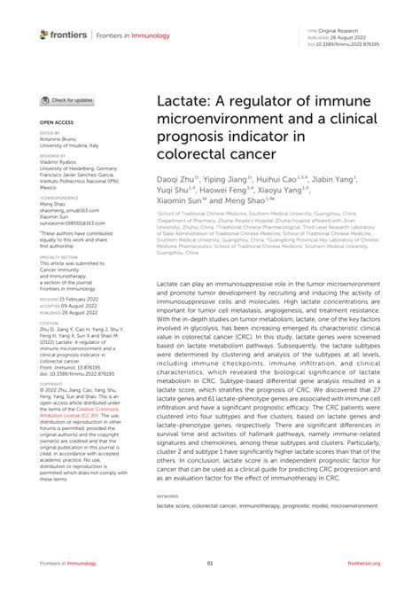 Pdf Lactate A Regulator Of Immune Microenvironment And A Clinical Prognosis Indicator In
