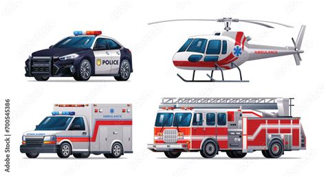 Set Of Emergency Vehicles Police Car Fire Truck Ambulance Car And