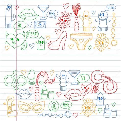 Funny Icons For Sex Shop Cute Cartoon Characters Dildo Strawberry Condom Heart Love And