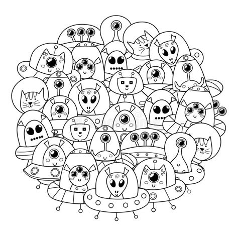 Doodle Aliens Circle Shape Pattern Space Black And White Print For
