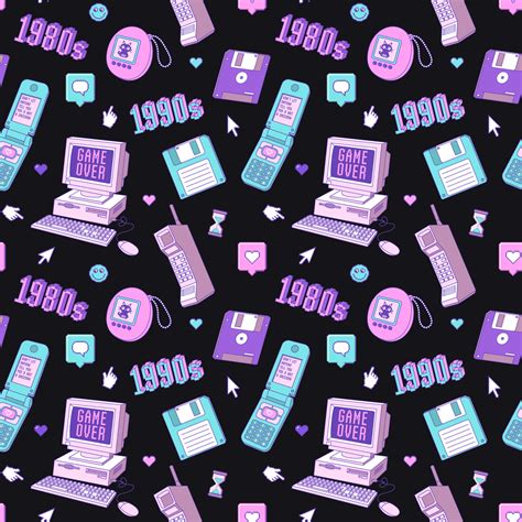 Old Computer Aestethic 1990s Seamless Pattern With Retro Pc Elements And Technology