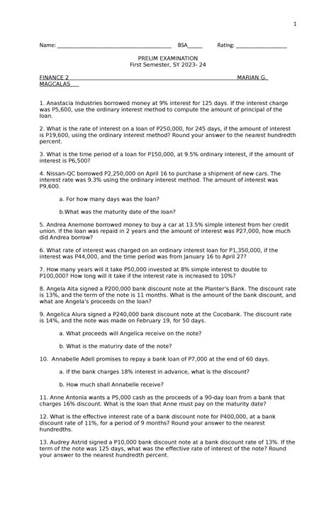 Fin 2 Prelim Computation Of Interest 2023 1 Name