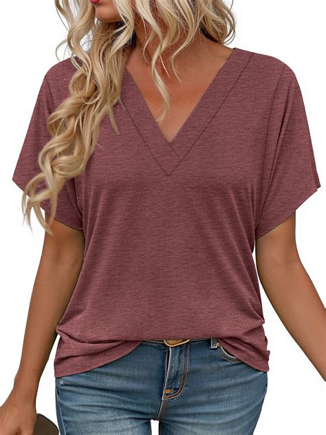 Moshu Deep V Neck Womens Tops Curved Hem Shirts Stretchy Lightweight
