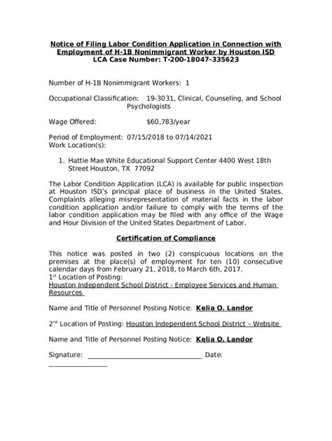Notice Of Filing Labor Condition Application In Connection Doc