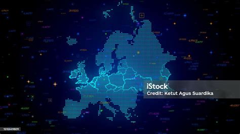 미래 지향적인 파란색 다채로운 반짝이는 디지털 기술 허드 도트 모자이크 그리드 유럽 지도 숫자 기술 입자로 빛 스캐닝 0명에