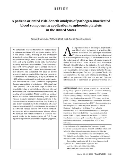 Pdf A Patient Oriented Risk Benefit Analysis Of Pathogen Inactivated