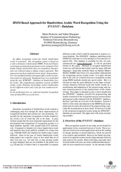 Pdf Hmm Based Approach For Handwritten Arabic Word Recognition Using The Ifnenit Database