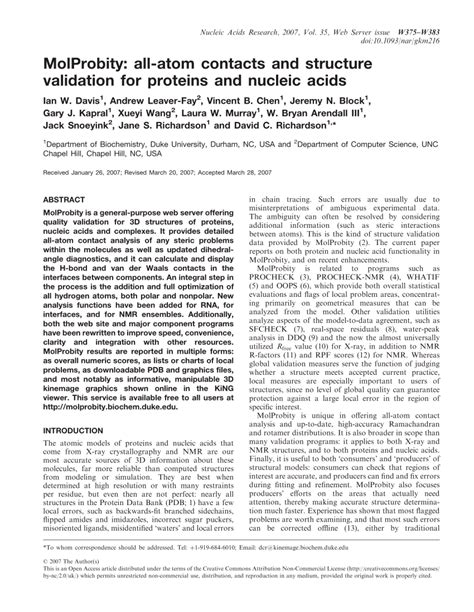 pdf molprobity all atom contacts and structure validation for