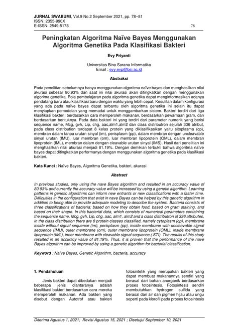 Pdf Peningkatan Algoritma Naïve Bayes Menggunakan Algoritma Genetika Pada Klasifikasi Bakteri
