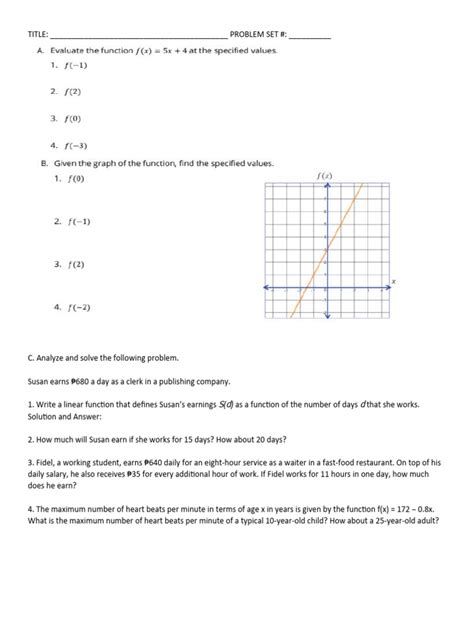 Problem Set 1 Evaluatingandgraphingfunction Answer Pdf