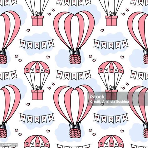 벡터 만화 사랑 원활한 패턴 하트 모양 열기구 낙하산 선물 플래그 구름 마음 발렌타인 데이 홀리데이 배경 디자인 프린트 공휴일에 대한 스톡 벡터 아트 및 기타 이미지
