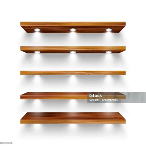 조명 스포트라이트가있는 현실적인 목조 상점 선반 빈 제품 선반 식료품 벽 선반 쇼핑몰 및 슈퍼마켓 가구 책장 현대적인 인테리어 디자인 요소 벡터 그림 0명에 대한 스톡 벡터
