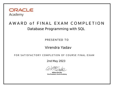 Oracleacademy Databaseprogramming Sql Skillsacquired Virendra Yadav