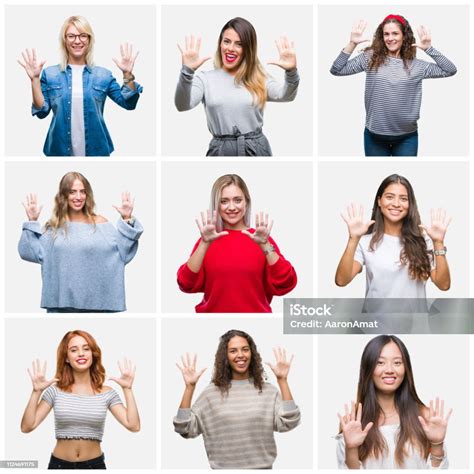 젊은 아름 다운 여자의 콜라주를 보여주는 고립 된 배경 표시 및 손가락 숫자를 가리키는 10 자신감 있고 행복 한 미소 가리키기에 대한 스톡 사진 및 기타 이미지 Istock