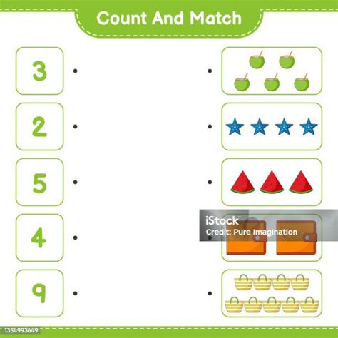 카운트 앤 매치 코코넛 불가사리 수박 지갑 가방의 수를 계산하고 올바른 숫자와 일치합니다 교육 어린이 게임 인쇄 워크 시트 벡터