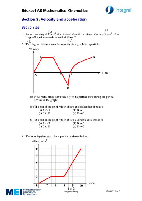 Section Test Velocity And Acceleration Edexcel As Mathematics Kinematics 1 Of 3