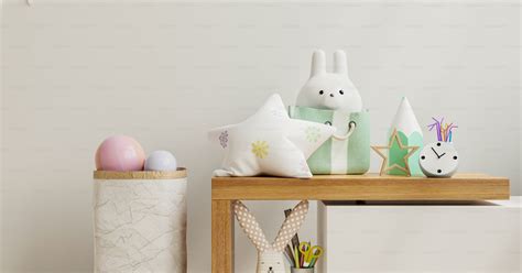 나무 선반에 있는 어린이 방의 모형 벽 3d 렌더링 사진 Unsplash의 태국 이미지