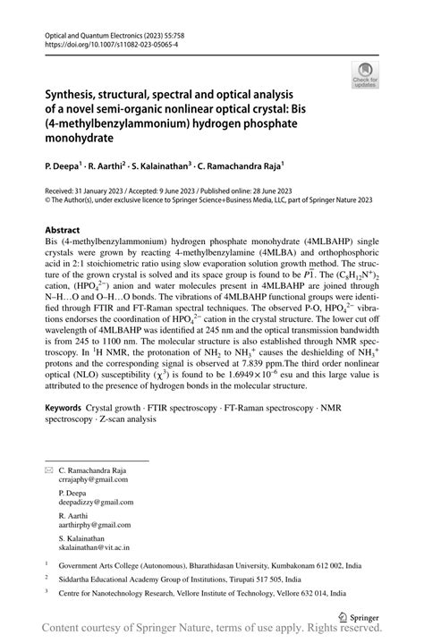 Synthesis Structural Spectral And Optical Analysis Of A Novel Semi Organic Nonlinear Optical