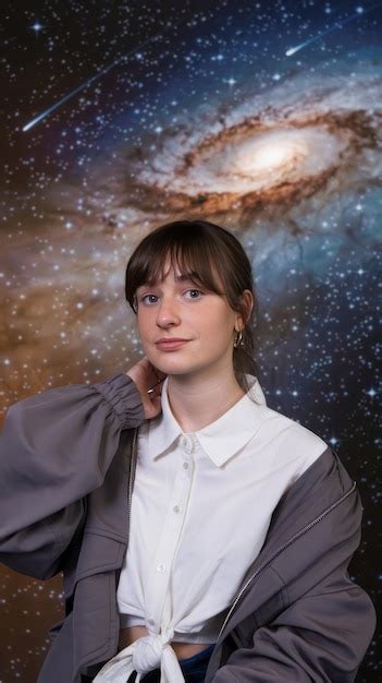 Portrt Of Young Woman Posing With Universe Projection Texture Premium