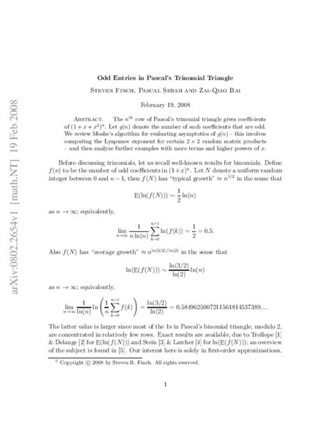 Pdf Odd Entries In Pascals Trinomial Triangle