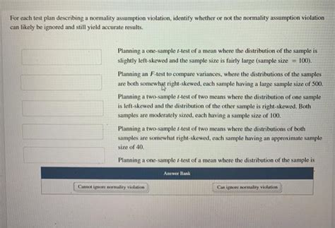 Solved For Each Test Plan Describing A Normality Assumption Chegg
