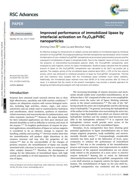 Pdf Improved Performance Of Immobilized Lipase By Interfacial Activation On Fe 3 O 4 Pvbc