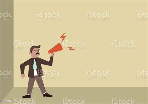 메가폰을 통해 단단히 외치는 남자 드로잉은 새로운 발표를 발표했다 늦은 광고를 보여주는 불혼에 말하는 비즈니스 맨 라인 그리기 감독에 대한 스톡 벡터 아트 및 기타 이미지