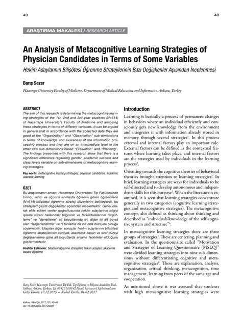 Pdf An Analysis Of Metacognitive Learning Strategies Of Physician