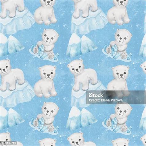 귀여운 북극 아기 곰과 완벽 한 패턴입니다 수채화 만화 손으로 그린 유치한 패턴 아이 또는 신생아 0명에 대한 스톡 벡터 아트