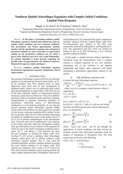Pdf Nonlinear Quintic Schrodinger Equations With Complex Initial Conditions Limited Time Response