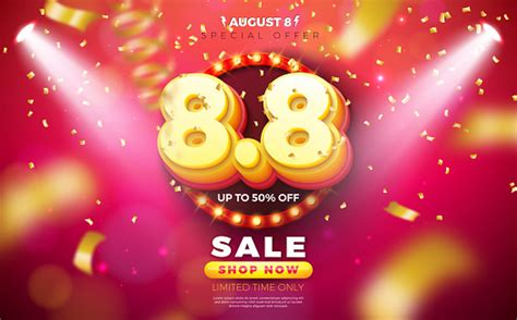 8 8 월 쇼핑 데이 플래시 세일 디자인 3d 88 숫자와 전구 빌보드 빨간 배경에 Vector Special Offer 50 할인 캠페인 쿠폰 바우처 배너 전단지 프로모션
