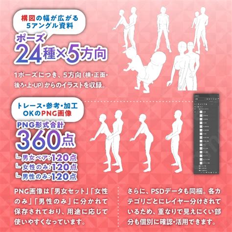 【トレース・参考・加工ok】男女のsex線画ポーズ素体集 表48手 上 【24ポーズ・全360点・5方向ビュー付き】 [素材wizpack] Dlsite 同人 R18