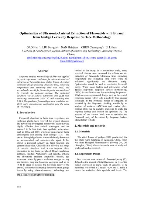 Pdf Optimization Of Ultrasonic Assisted Extraction Of Flavonoids With Ethanol From Ginkgo