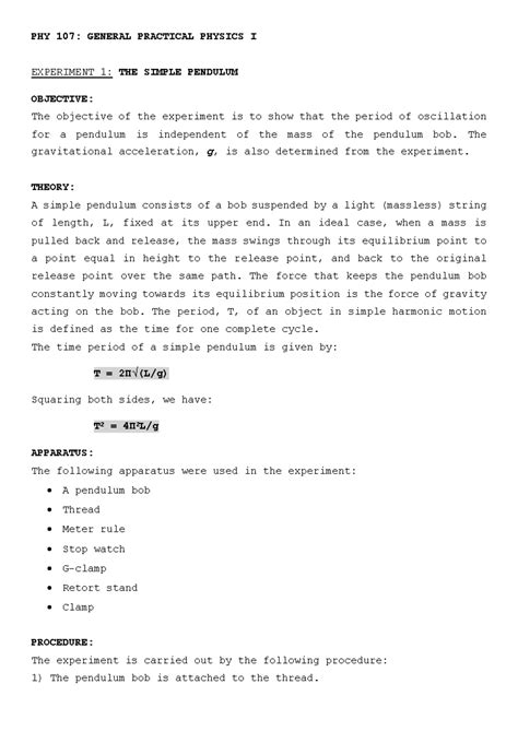 PHY Experiment Physics Practical On Simple Harmonic Motions PHY GENERAL