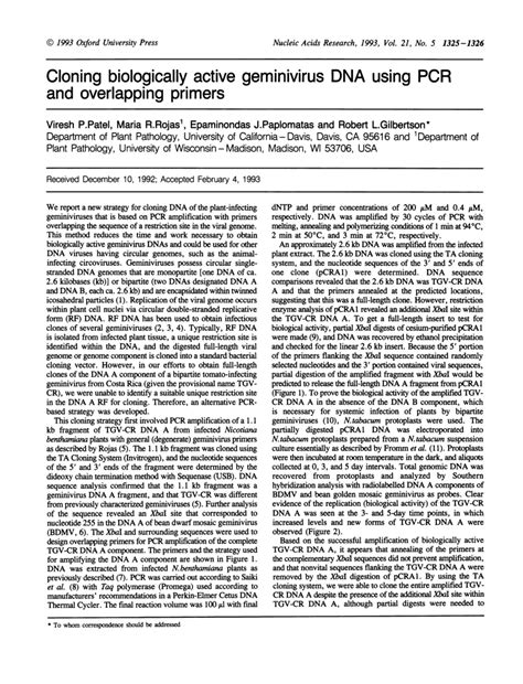 Pdf Cloning Biologically Active Geminivirus Dna Using Pcr Overlapping