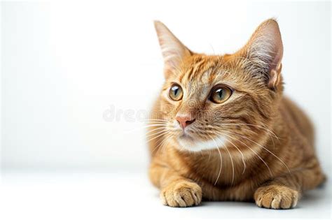 Orange Cat Lying Gaze Fixed On Copy Space White Background Stock