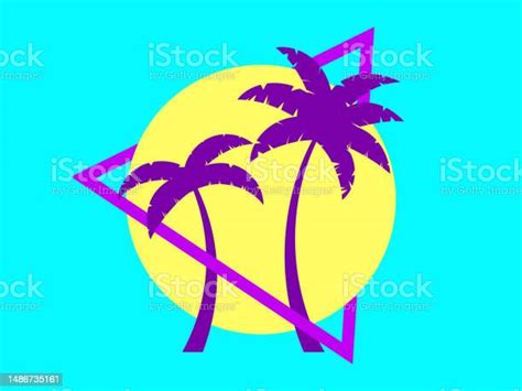 일몰에 80 년대 야자수 여름 시간 복고풍미래의 태양 신디웨이브와 레트로웨이브 스타일 광고 브로셔 배너 및 포스터 디자인 벡터 일러스트레이션 마이애미에 대한 스톡 벡터 아트